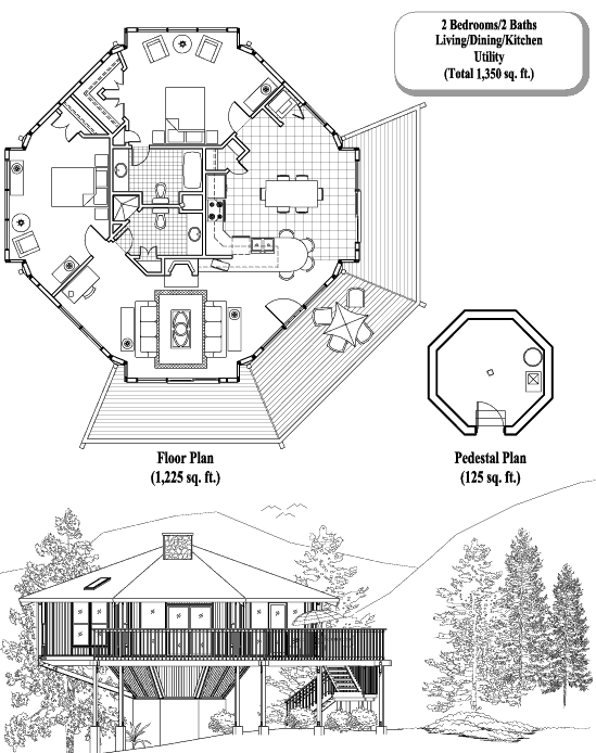 Pedestal House Plan: 2 Beds, 2 Baths, 1350 sqft [PD-0405]