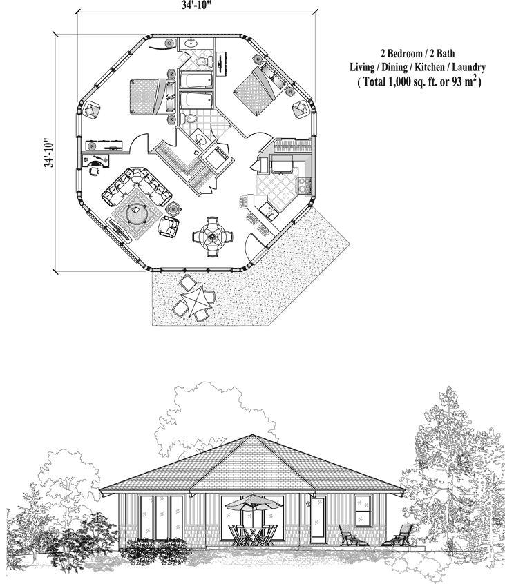 Stilt/Piling House Plan: 2 Bedrooms, 2 Baths, 1000 sq ft [PT-1122]